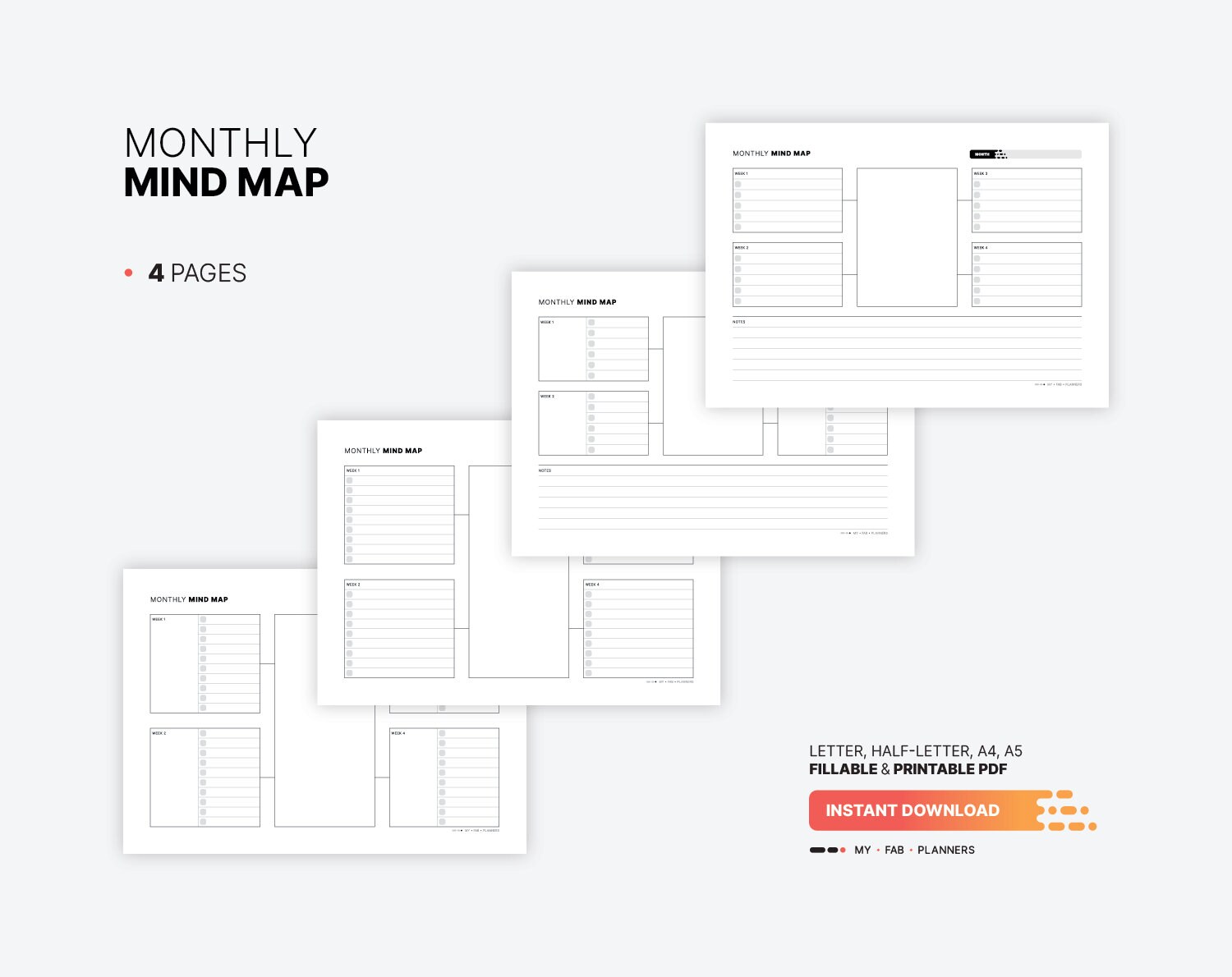 Monthly Mind Map, Printable Weekly Things to Do List, Fillable Project ...
