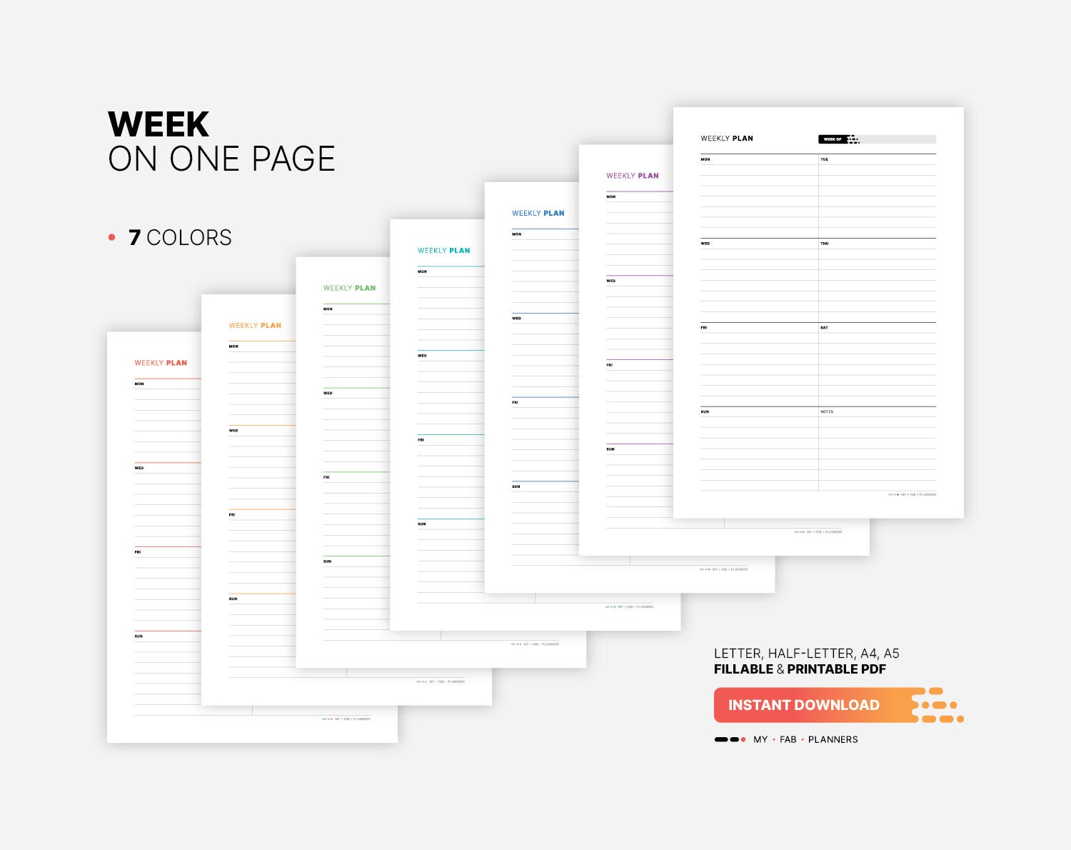 Week on One Page Overview, Organizer, Undated Fillable Weekly Routine ...