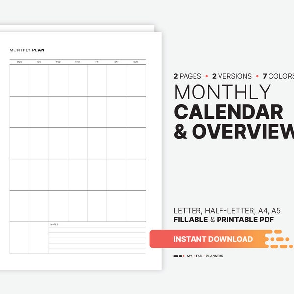 Undated Monthly Overview Planner, Fillable Goals, Habit Tracker, To-do ...