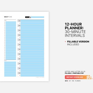12-hour Planner, Printable 30-minute Work, Study Task Schedule ...