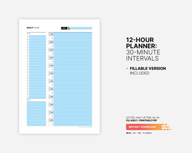 12-hour Planner, Printable 30-minute Work, Study Task Schedule ...