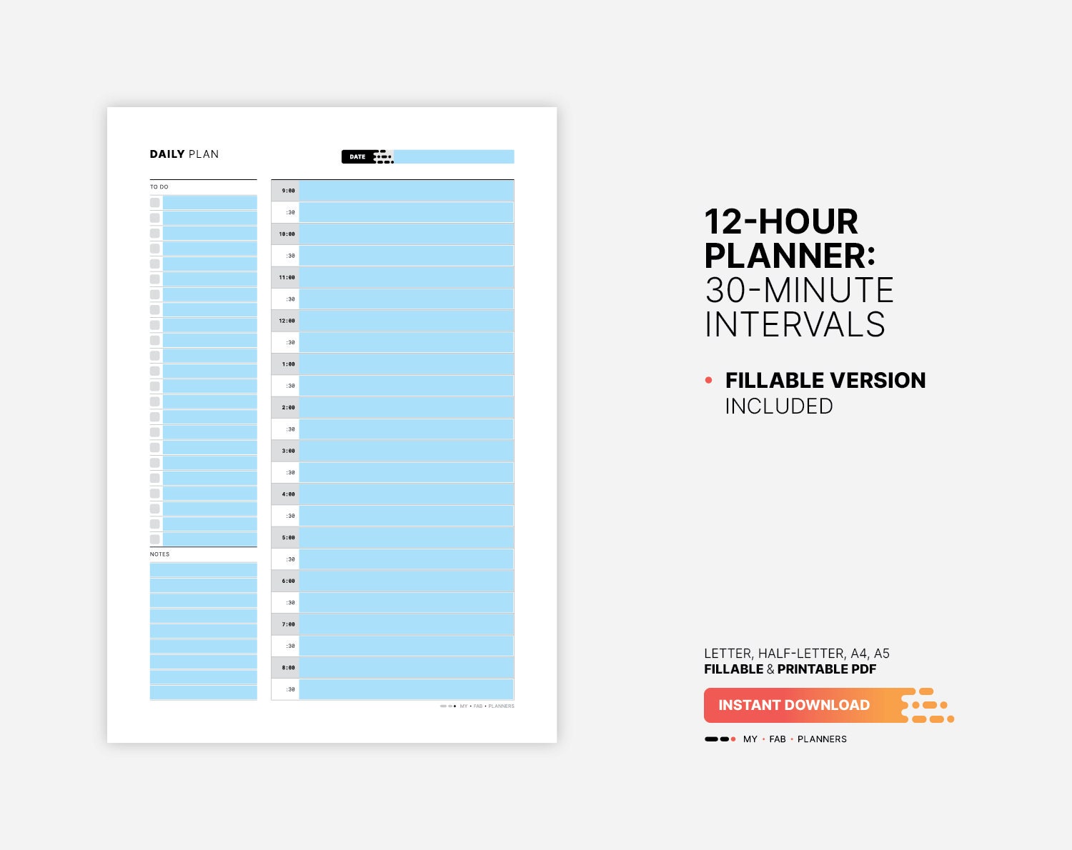 12-hour Planner Printable 30-minute Work Study Task - Etsy