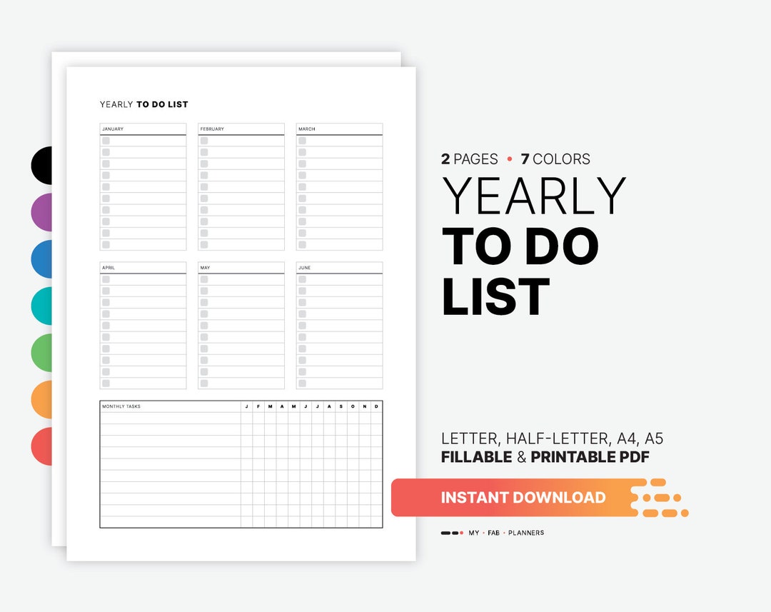 Yearly to Do List, Printable Monthly Task Checklist, Fillable ...