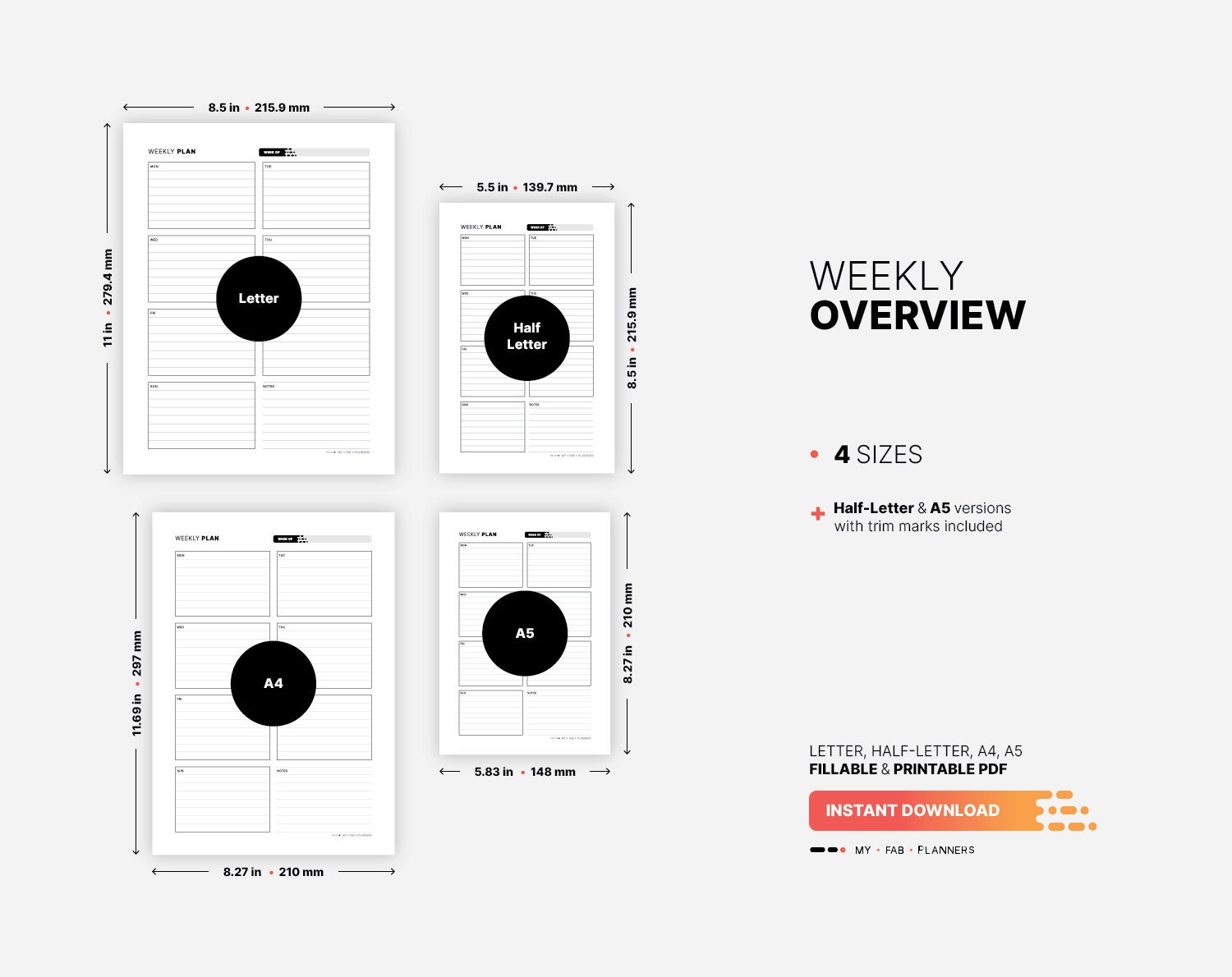 Weekly Overview, Printable Simple, Minimalist Template, Work ...