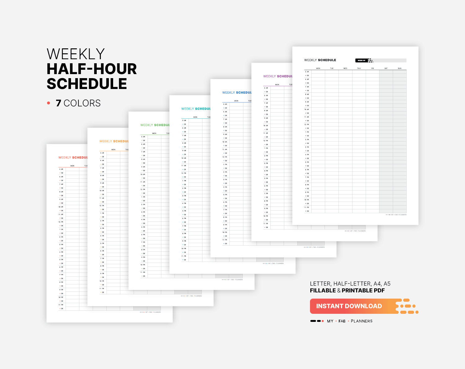 Weekly Half-hour Schedule, Printable Time Tracker, Digital Week at a ...