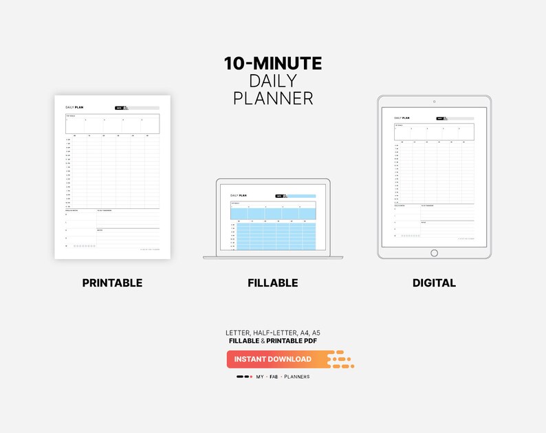 10-minute Daily Planner, Printable Work Schedule Chart, Fillable ...