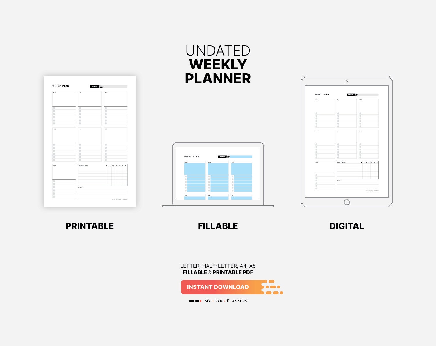Undated Weekly Planner, Fillable Task List, Habit Tracker (PDF Template ...