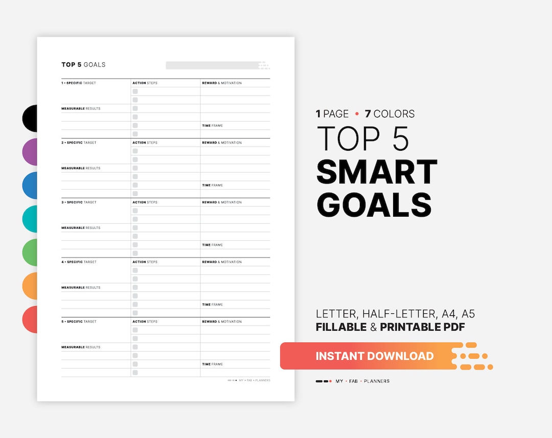 Top 5 SMART Goals With Action Plan, Goal List & Setting Printable ...