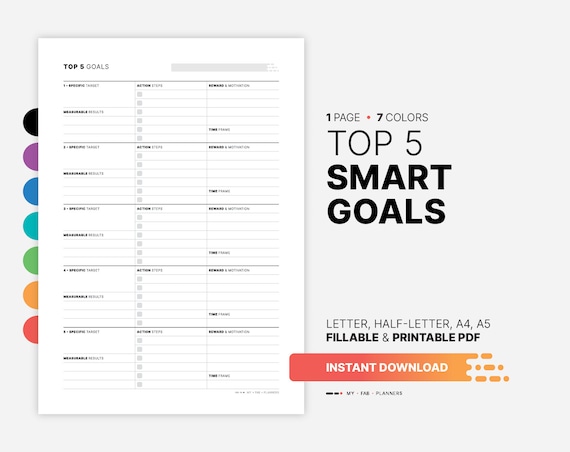 Top 5 SMART Goals With Action Plan Goal List & Setting - Etsy
