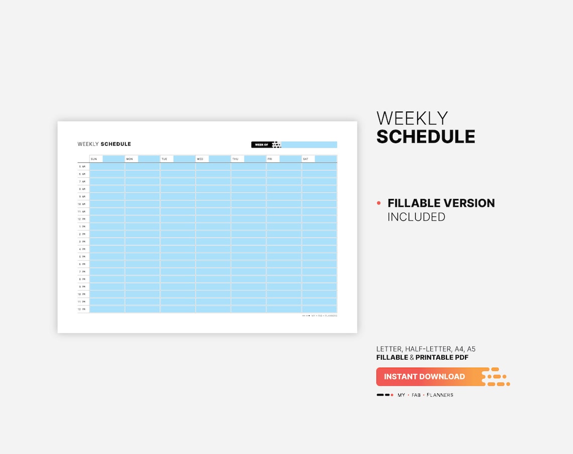 Weekly Schedule Planner, Printable Digital Task Chart at a Glance ...