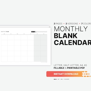 Monthly Blank Calendar, Printable Landscape Insert, Fillable Work at a ...