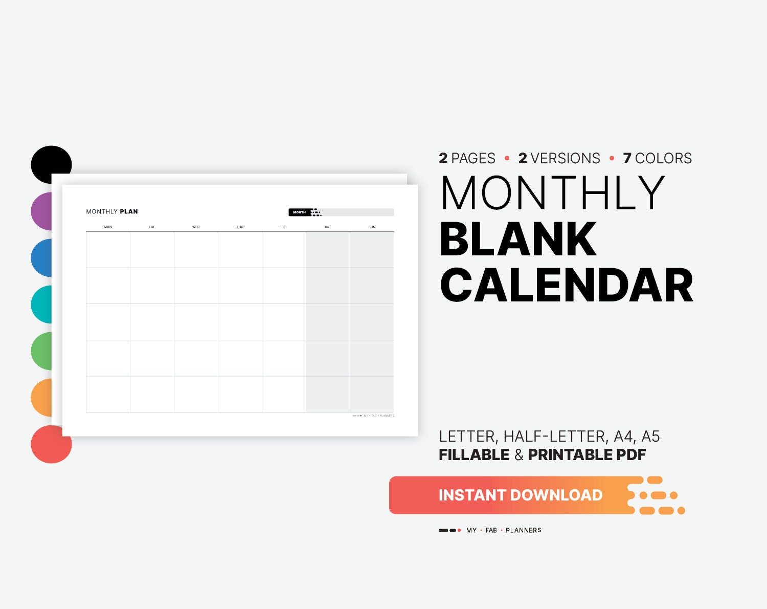 Monthly Blank Calendar, Printable Landscape Insert, Fillable Work at a ...