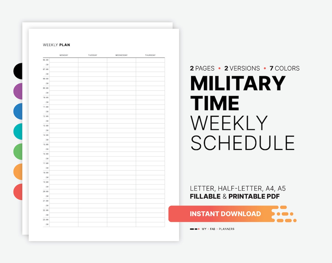 Military Time Weekly Schedule, Printable Productivity Planner Inserts ...