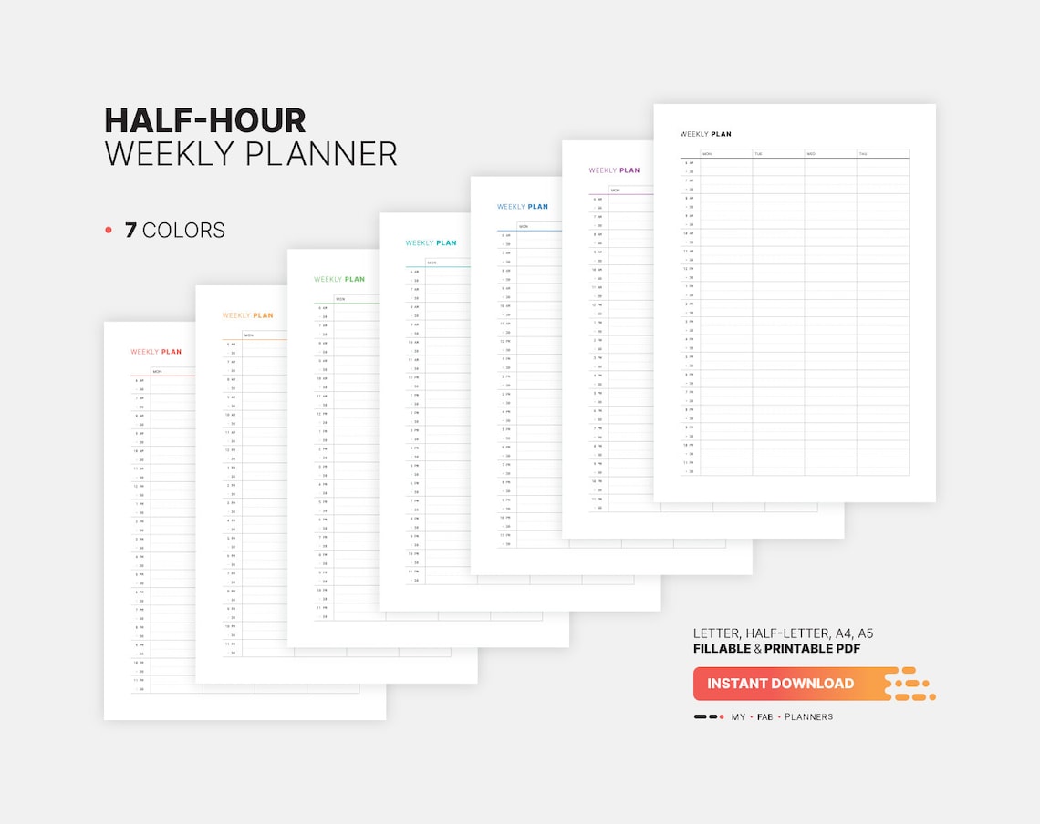 Half Hour Weekly Planner, Printable Fillable PDF Template - Etsy