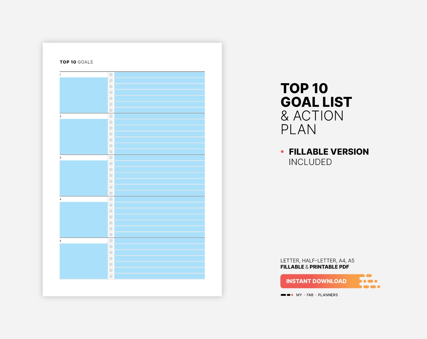 Top 10 Goal List & Action Plan, Goal Setting Printable Worksheet for ...