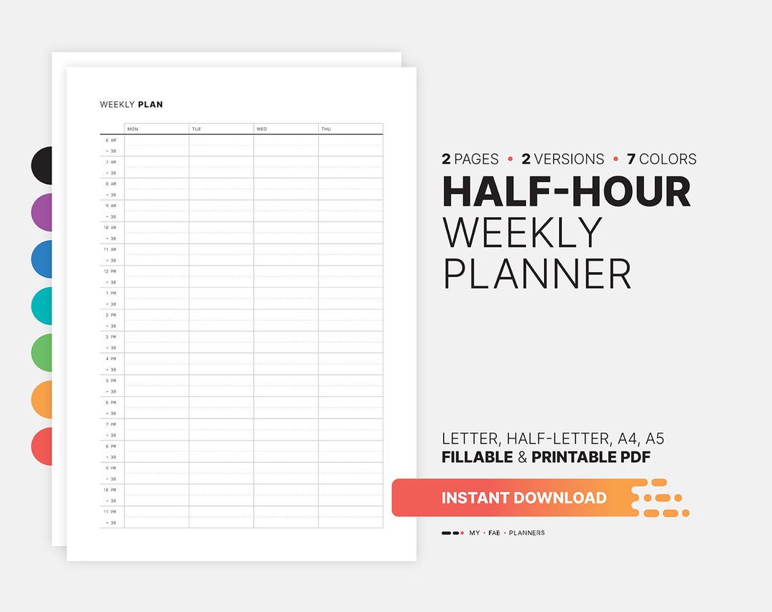 Half Hour Weekly Planner, Printable Fillable PDF Template - Etsy
