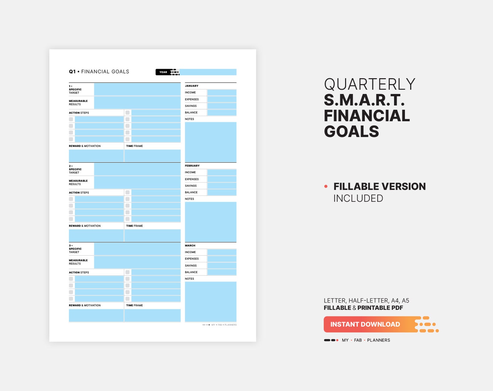 Top 3 Quarterly SMART Financial Goals Planner, Fillable Finance Goals ...