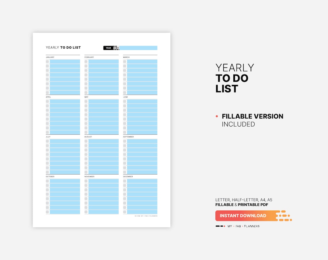 Yearly To-do List Printable, Fillable Task Planner (digital Download ...