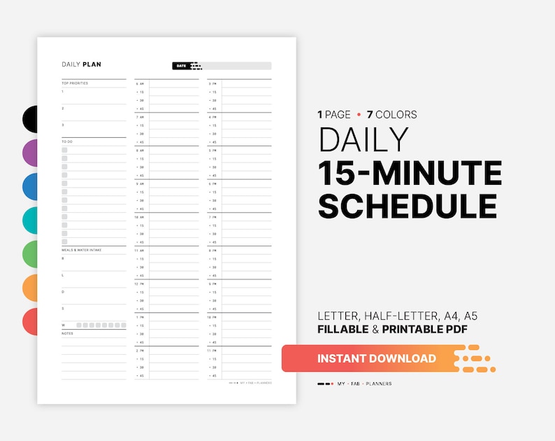 Daily 15-minute Schedule, Printable Work Chart Planner, Fillable ...