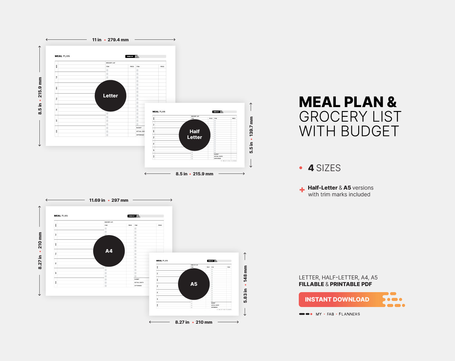 Budget and Meal Plan With Grocery List Planner, Fillable Weekly Meal ...