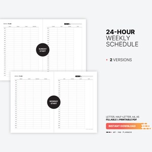 24-hour Weekly Schedule Planner, Fillable Hourly Block Appointment ...