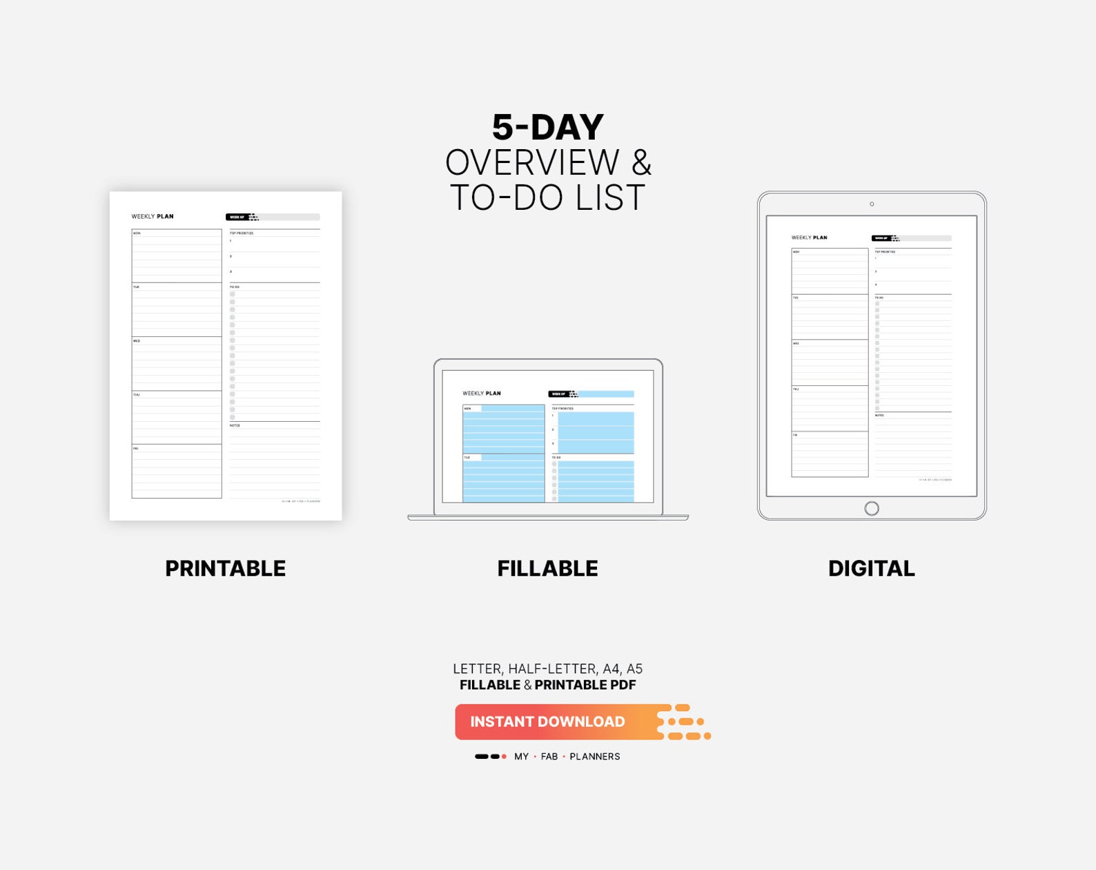 5-day Overview, Printable Things to Do Checklist, Fillable Weekly ...