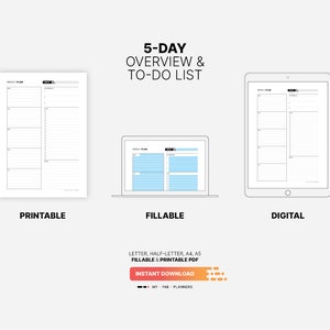 5-day Weekly Planner, Fillable Productivity Agenda (PDF Template) - Etsy