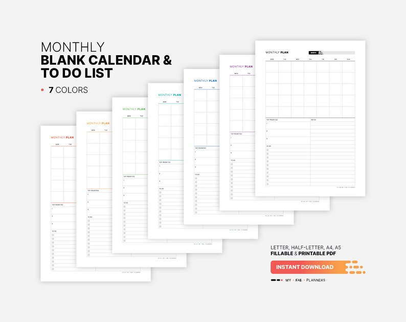 Blank Monthly Calendar & to Do List, Undated Month At-a-glance Planner ...