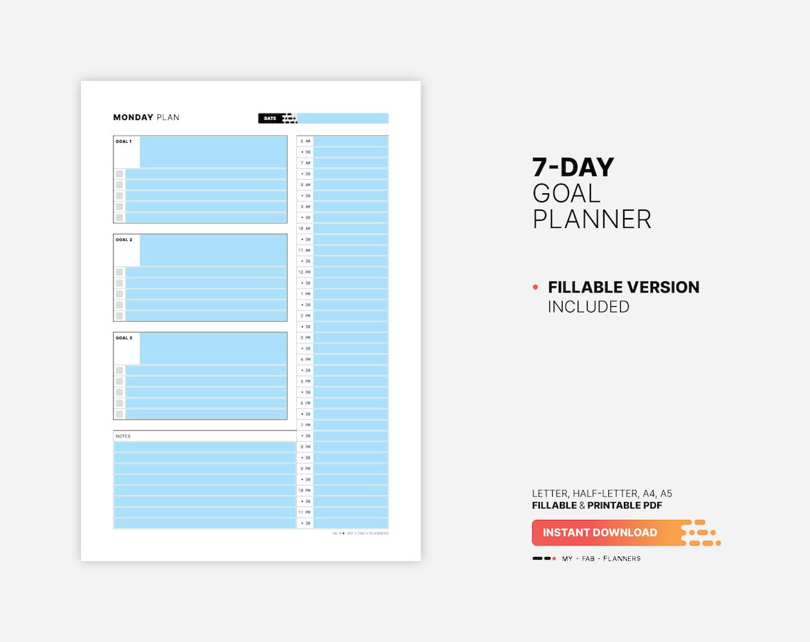 7-day Goal Planner Printable Daily Schedule Fillable Work & - Etsy