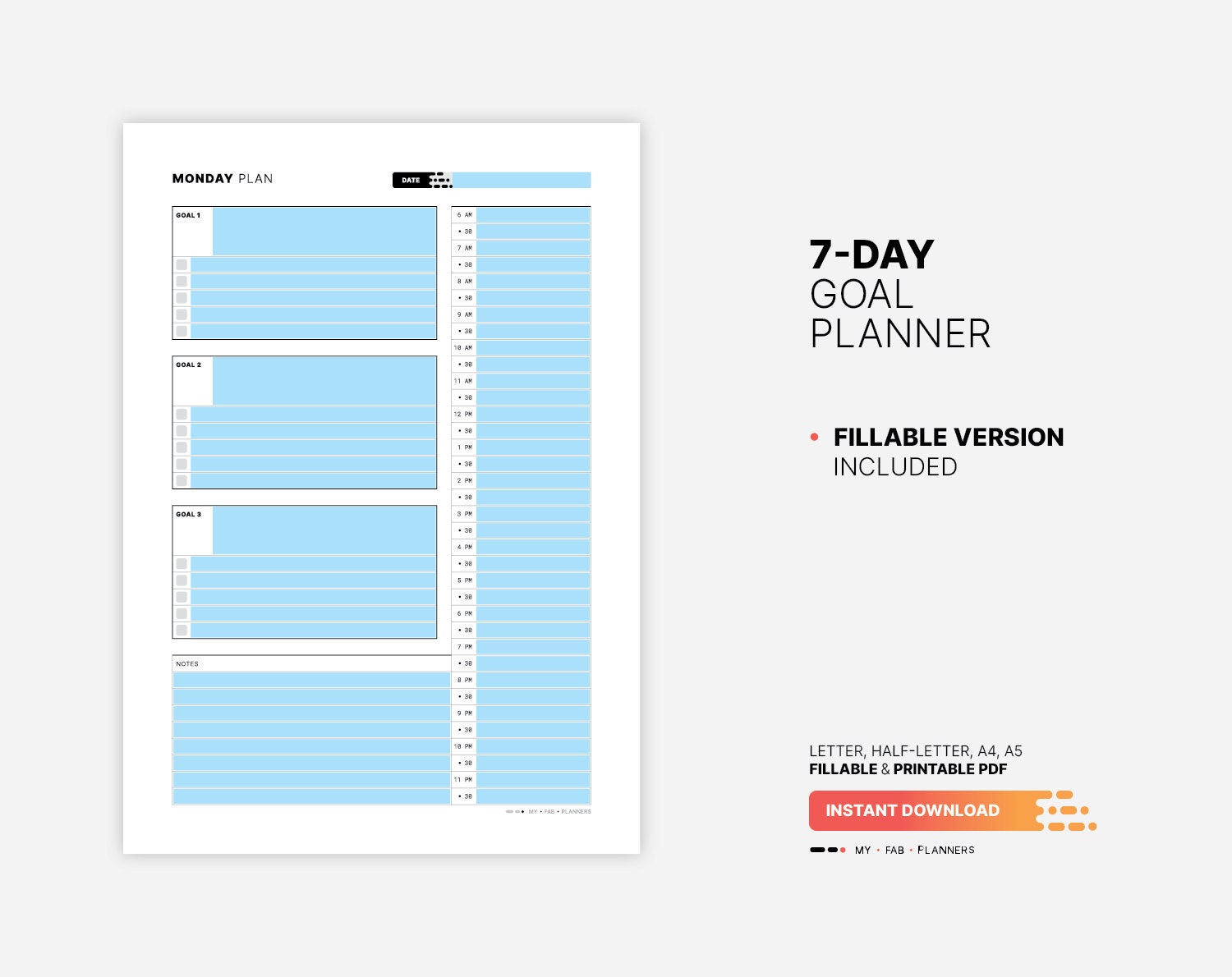 7-day Goal Planner Printable Daily Schedule Fillable Work & - Etsy