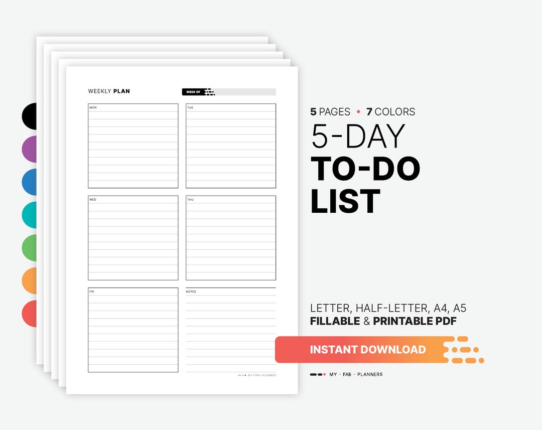 5-day to Do List Template, Printable Work at Home Planner, Fillable ...