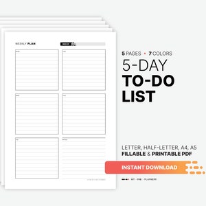 5-day to Do List Template, Printable Work at Home Planner, Fillable ...