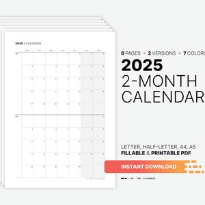 2025 2-month Calendar, Printable Minimalist Family Organization Digital ...