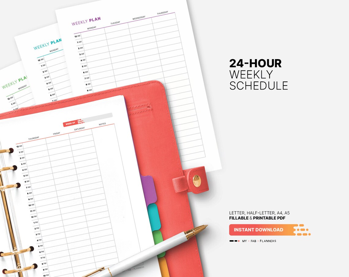 24-hour Weekly Schedule Planner, Fillable Hourly Block Appointment ...