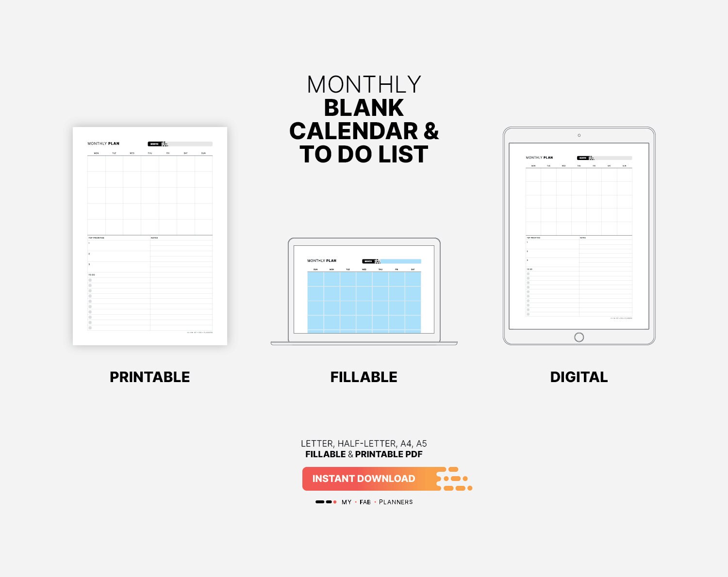 Blank Monthly Calendar To Do List Undated Month At a glance Planner