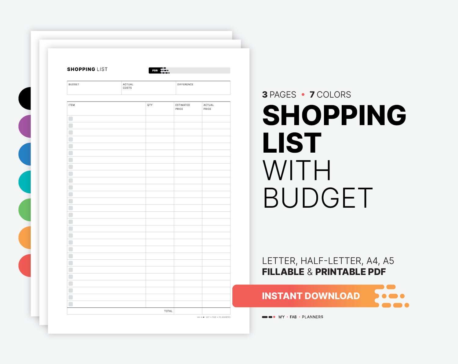 Shopping List With Budget, Printable Personal Finance Planner Sheet ...