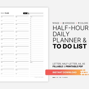 30 Minute Daily Planner With to Do List Template, Fillable Half Hour ...