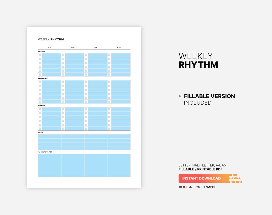 Weekly Rhythm Chart, Fillable Daily Morning & Evening Routine Checklist ...