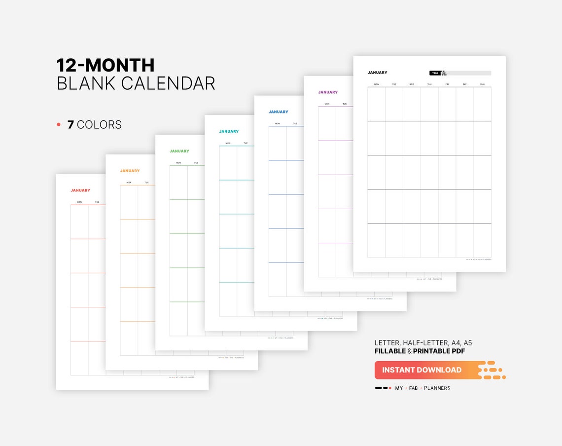 Undated 12-month Blank Calendar, Month At-a-glance Overview, Monthly ...
