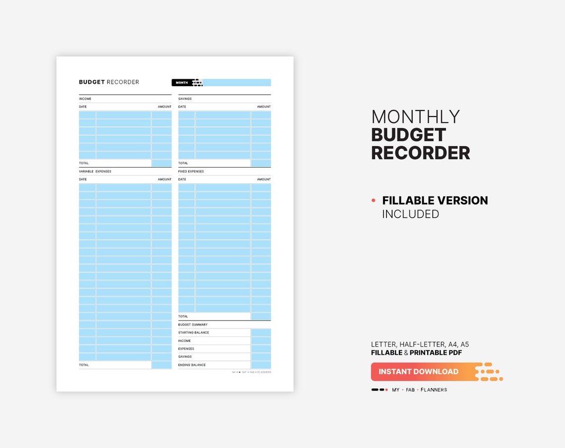 Monthly Budget Recorder, Fillable Financial Dashboard, Finance Income ...