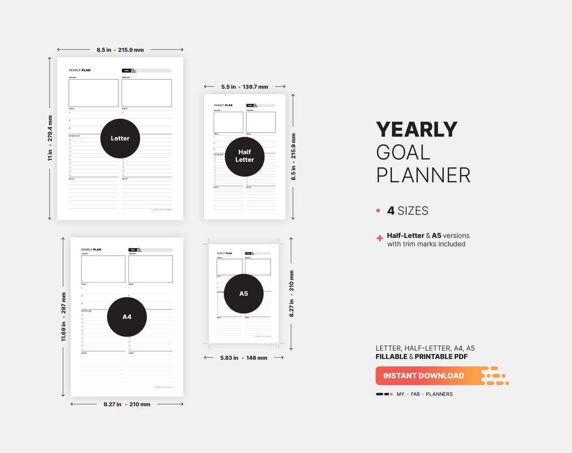 Yearly Goal List & Action Plan Template, Undated Yearly Goals Planner ...