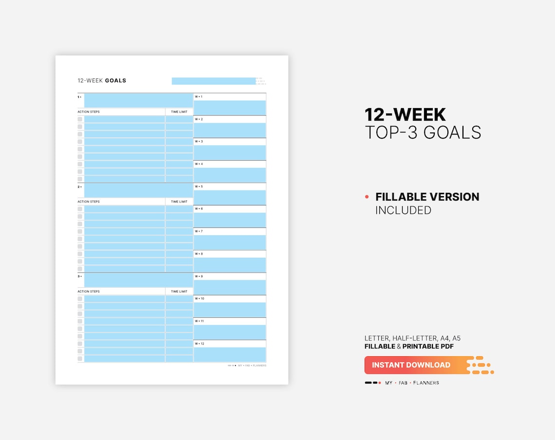12 Week Top 3 Goals, Fillable Goal Setting & Crusher Overview Planner ...