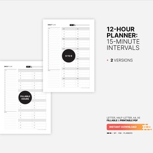 12-hour Planner, Printable 15-minute Work, Study Task Schedule ...