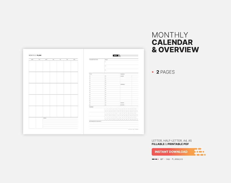 Monthly Blank Calendar & Overview Planner, Undated Fillable Goals ...