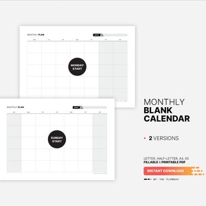 Monthly Blank Calendar Printable Landscape Insert Fillable - Etsy