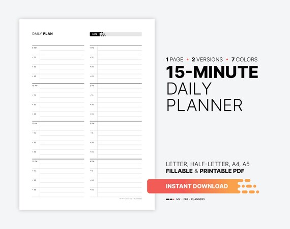 15 Minute Planner Undated Sheet Daily Time Slots Organizer | Etsy