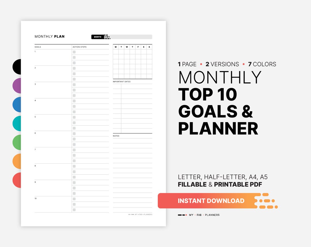 Monthly Top 10 Goals Planner, Fillable PDF (letter, A4, A5) - Etsy