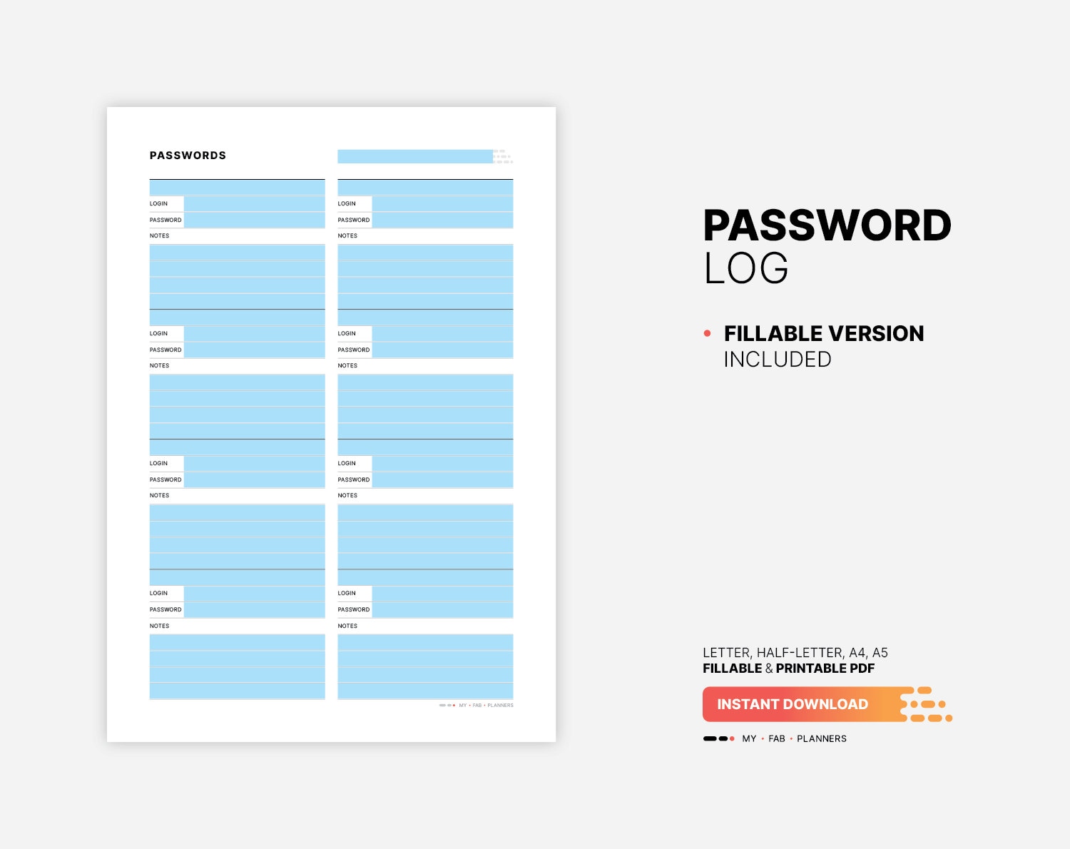 Password Log & Keeper Sheet With Fillable Boxes for Printable Journal ...