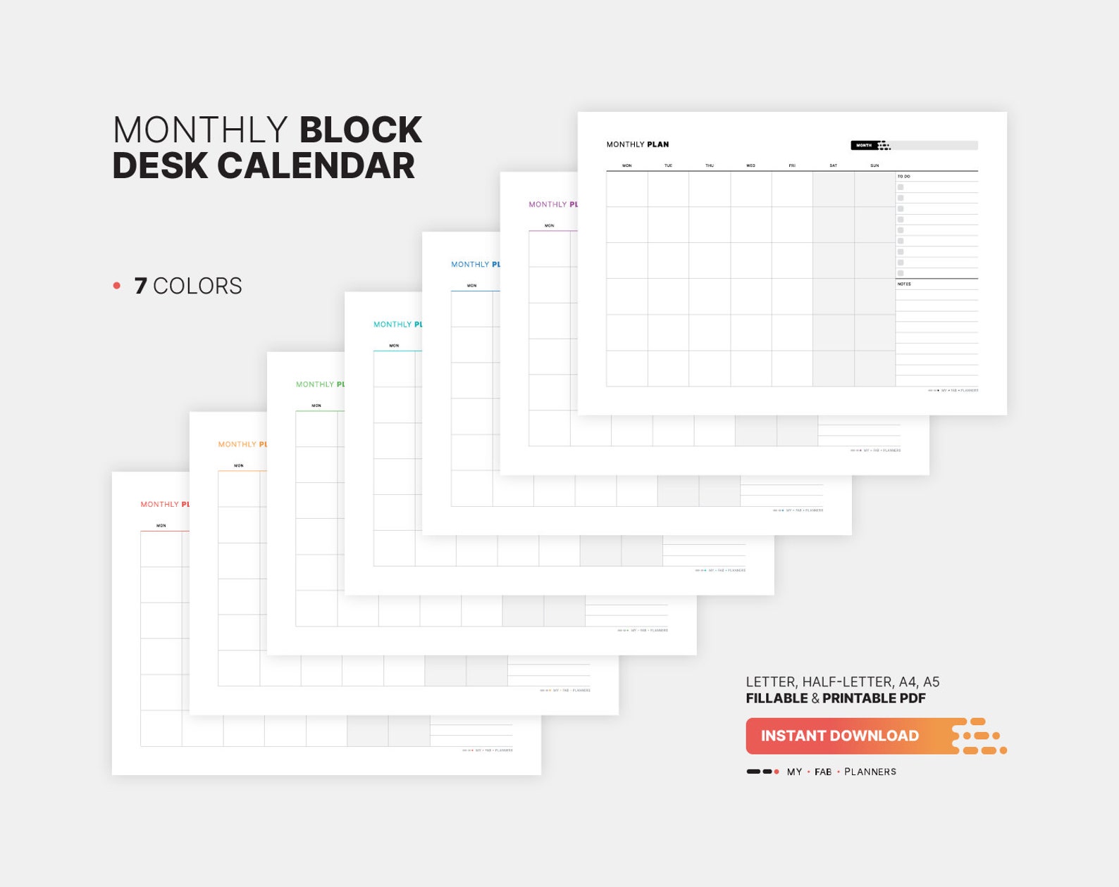 Printable Monthly Block Desk Calendar, Fillable PDF Template (letter ...