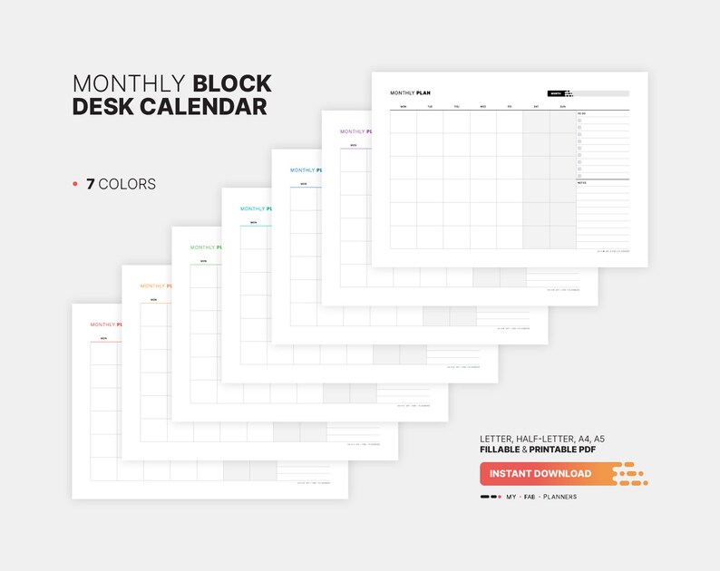 Monthly Block Desk Calendar, Fillable Blank Blocks Planner, Month at a ...